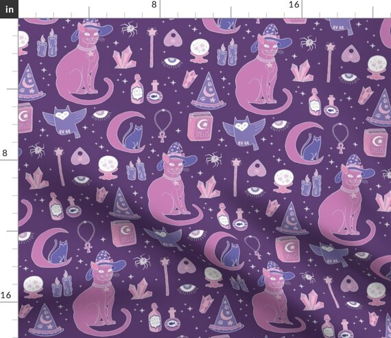 Magic Cat Fabric Mystical Cats in Purple by Pinkowlet Witch | Etsy