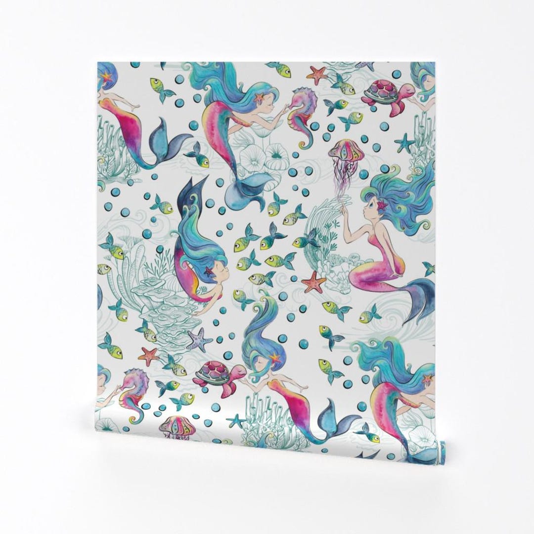 Mermaids Wallpaper - Modern Mermaid Toile by Gingerlique - Mermaids ...