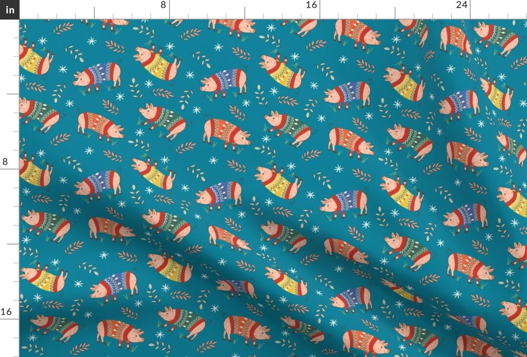 Christmas Pigs Fabric - Pigs in Jumpers by Emily_bolter_designs - Teal ...