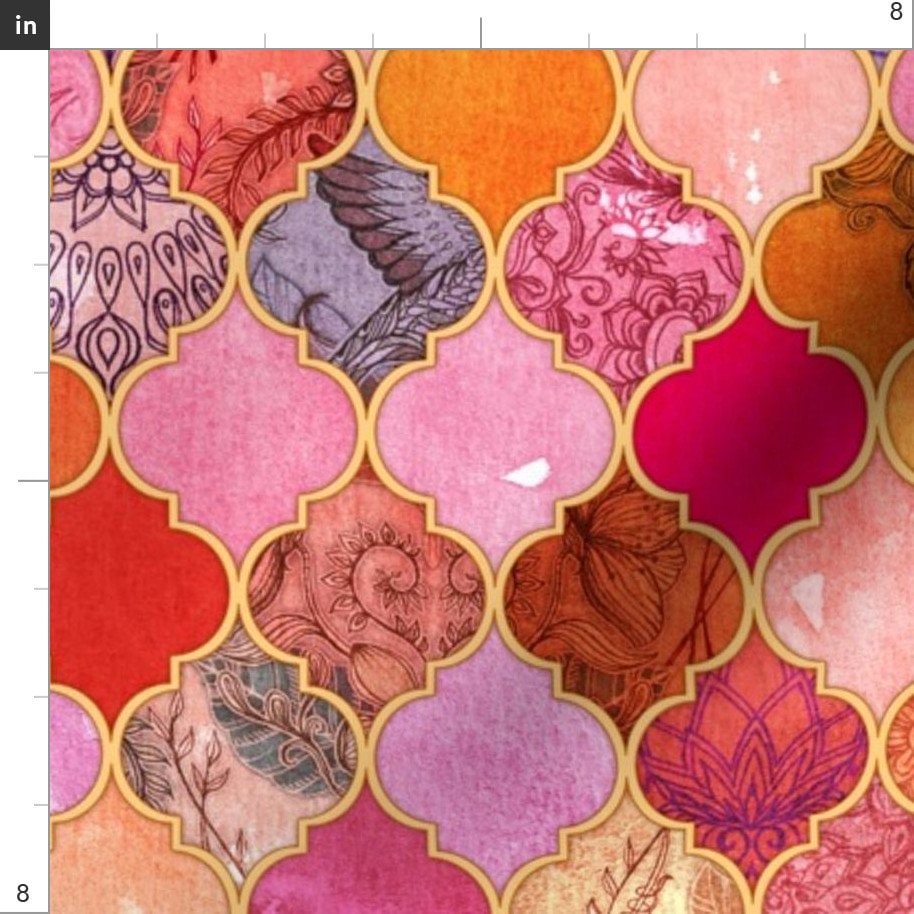Moroccan Tiles Fabric Hot Pink and Orange Decorative | Etsy