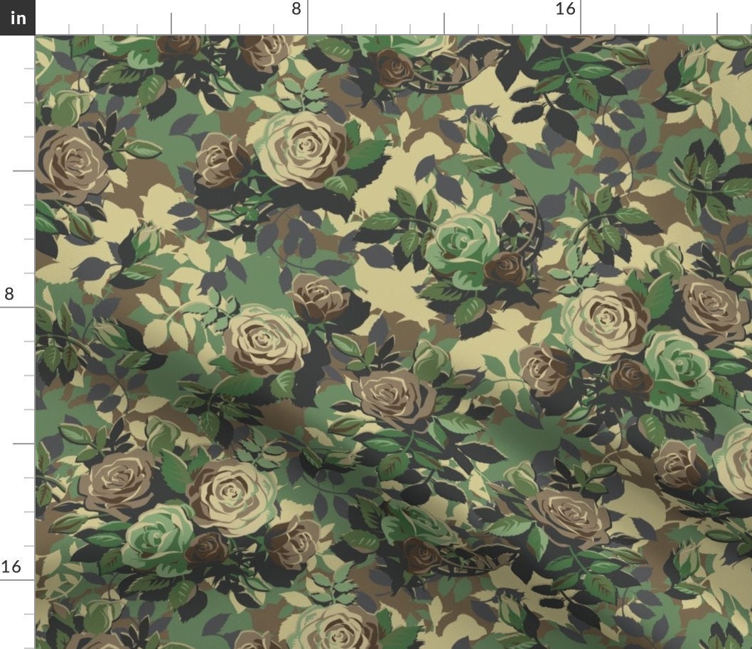 Camo Flowers Fabric Camo Rose By Emilystoneprints Green | Etsy