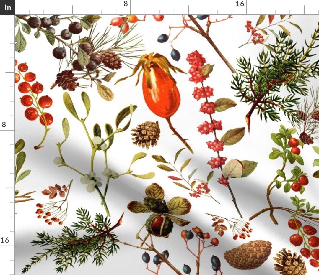 Winter Berries Fabric Vintage Botanical Winter lg. by Redbriarstudio ...