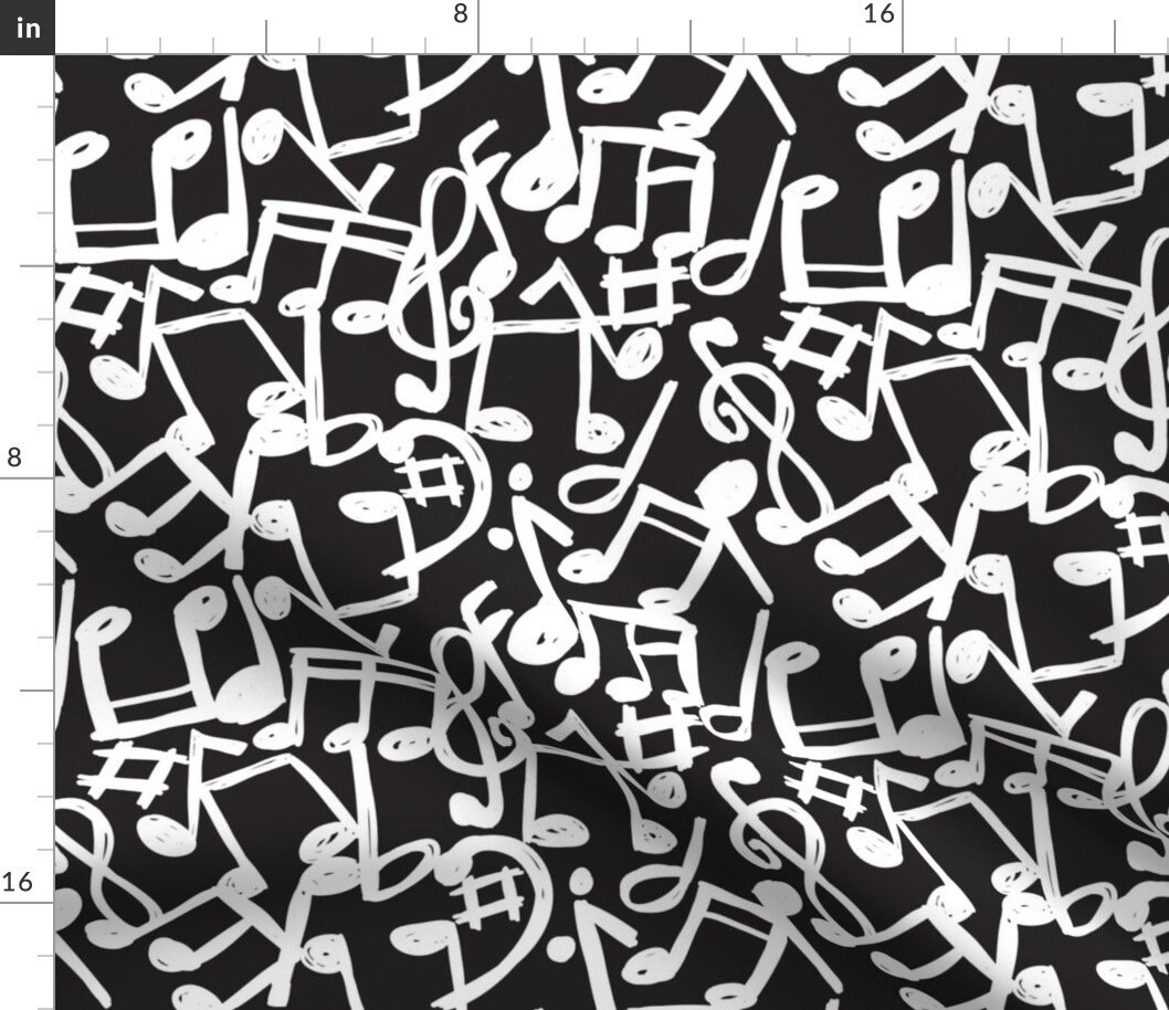 Song Fabric Music Eighth Notes Treble Bass White on Black | Etsy