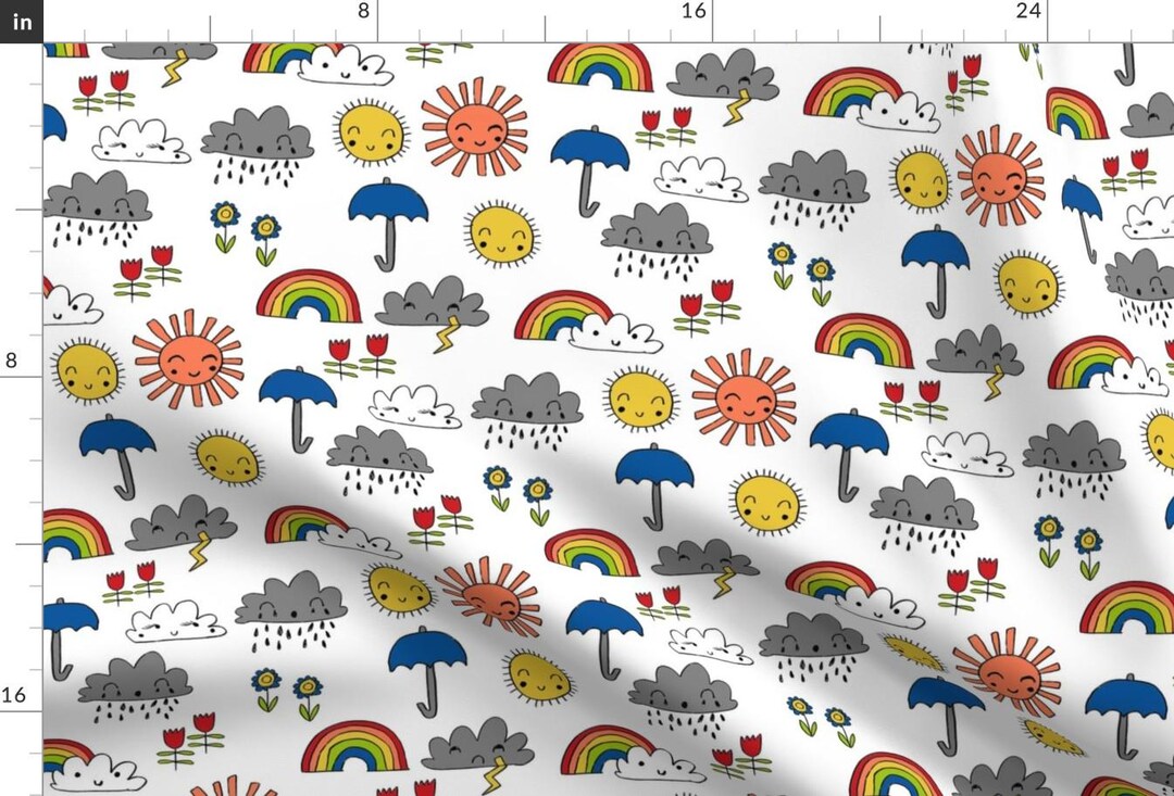 Whimsical Weather Fabric - Weather Rainbow Clouds Sunshine Kids Fabric ...