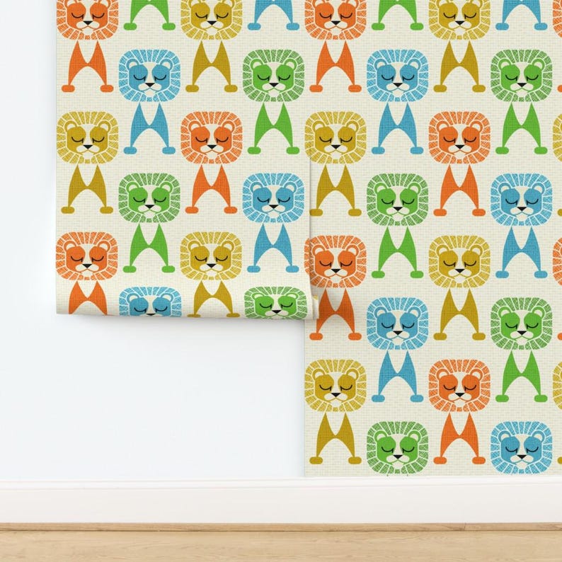 Bright Mod Lion Peel and Stick Wallpaper - Whimsical Kids Retro Vintage ...