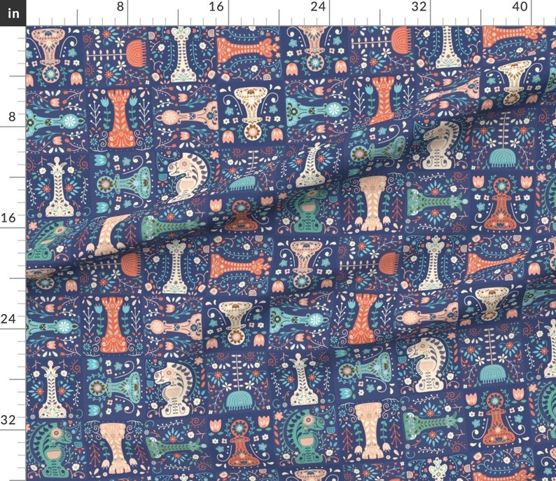 Game Night Fabric Floral Chess by Luli Print Blue - Etsy