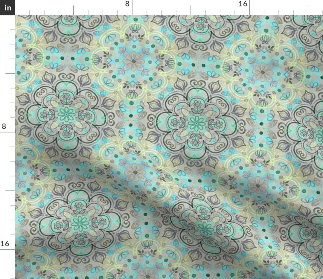 Turquoise Fabric Watercolor Folk Art Turquoise Mint Charcoal - Etsy