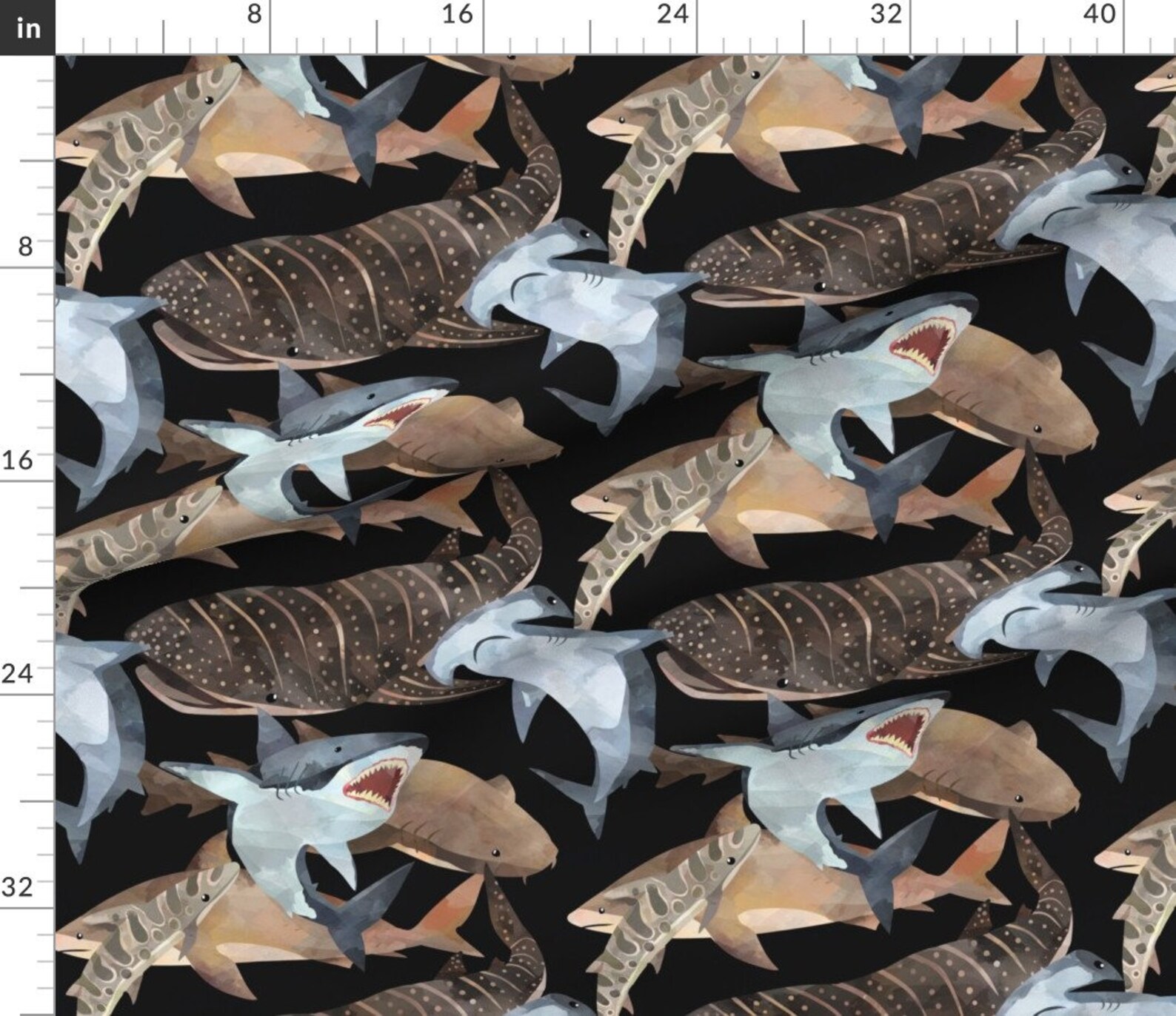 Painted Sharks Fabric Shark Waters large by Floramoon - Etsy UK