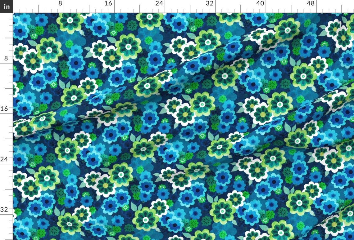 Jewel Tone Fabric - Retro Daisy Green by Adenaj - Jewel Tone Floral ...