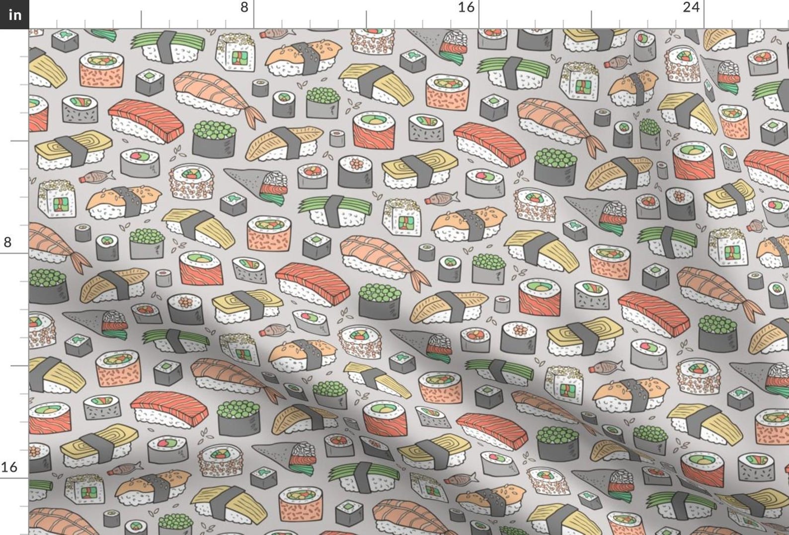 Sushi Fabric - Sushi on Light Grey by Caja Design - Japanese Sushi Food ...