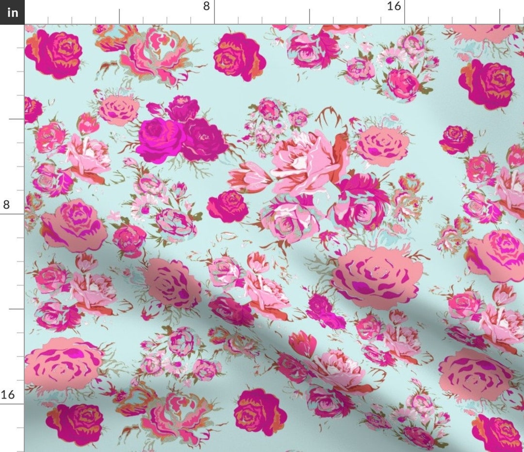 Mint Pink Rose Fabric Vintage Rose Floral in Mint - Etsy