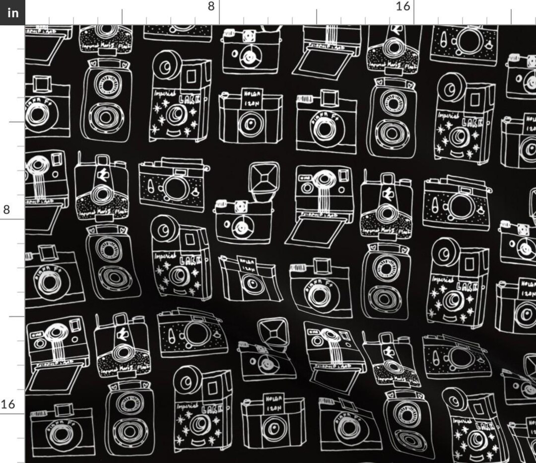 Vintage Cameras Fabric Vintage Cameras Black and White Hand Drawn by ...
