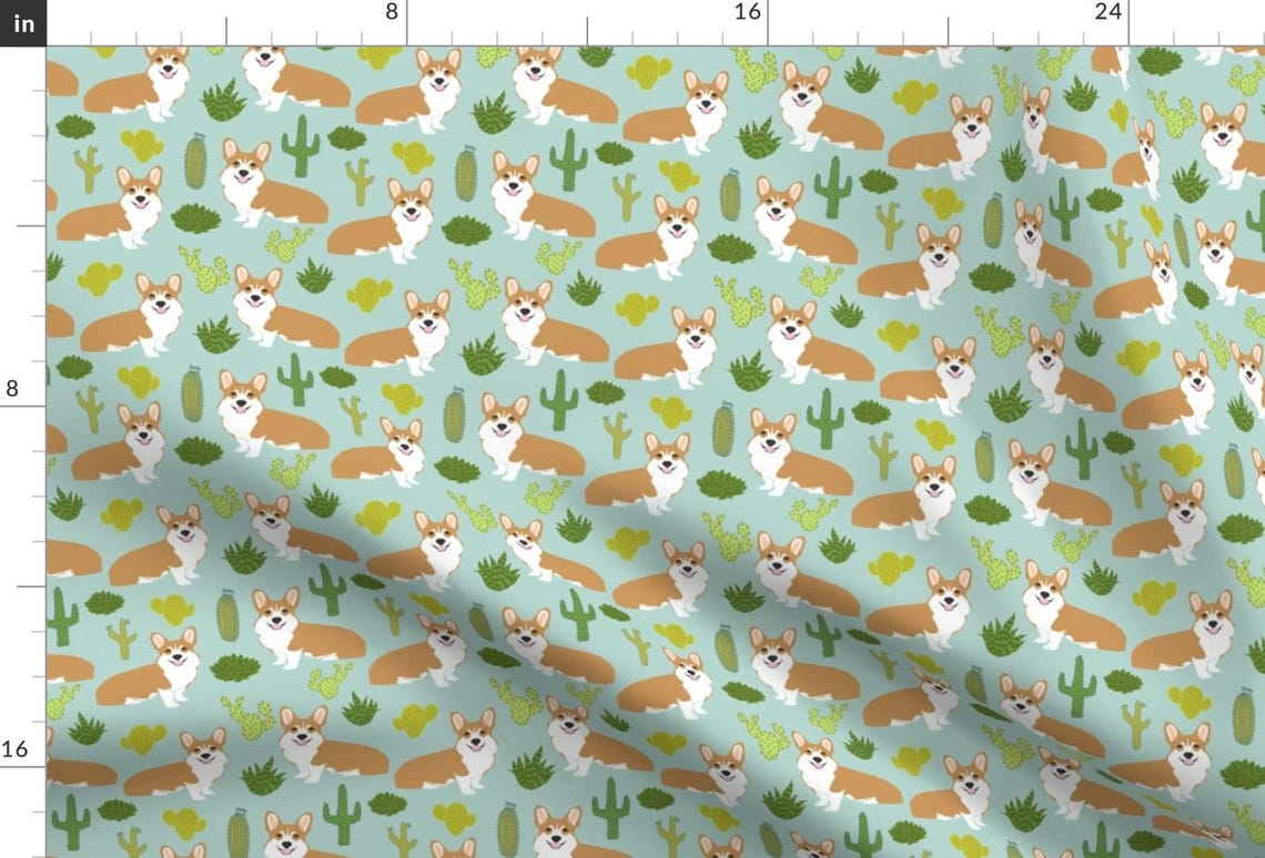 Corgi Fabric - Corgi Cactus Mint Dog Fabric by Petfriendly - Corgi and ...