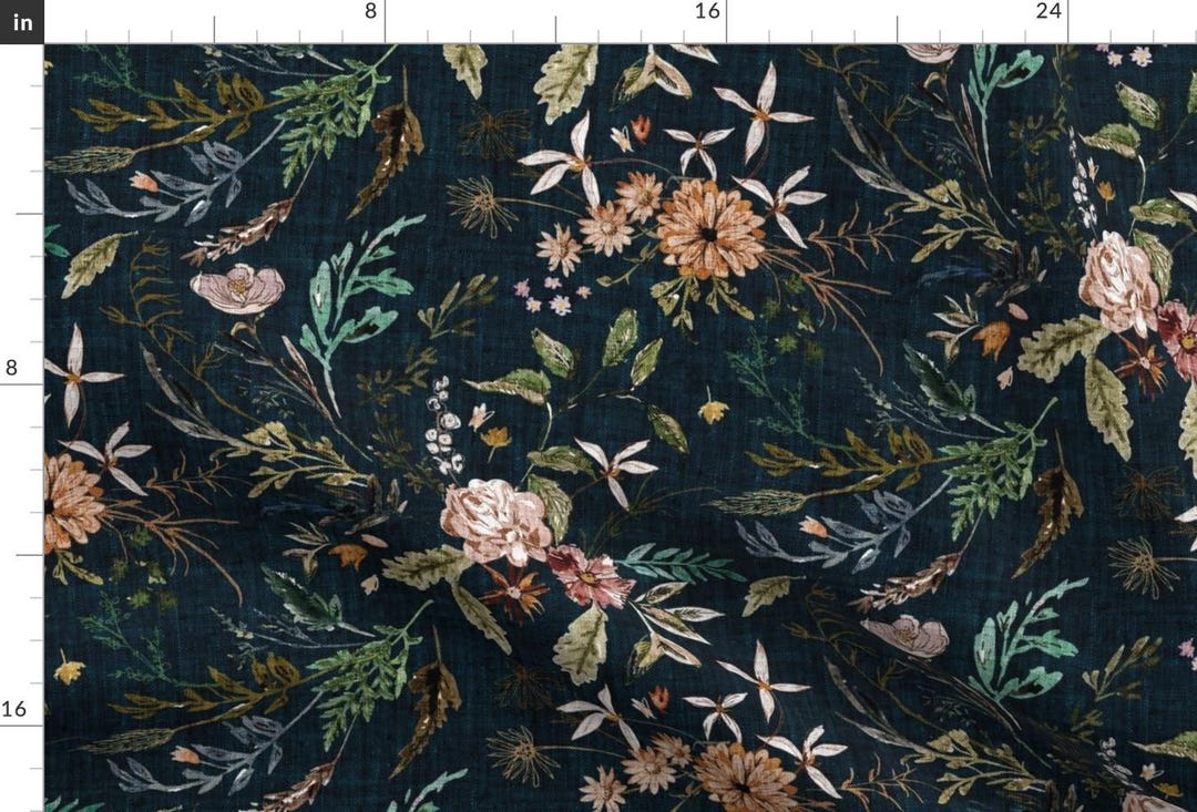 Dark Boho Floral Apparel Fabric - Delilah by Nouveau_bohemian - Teal ...