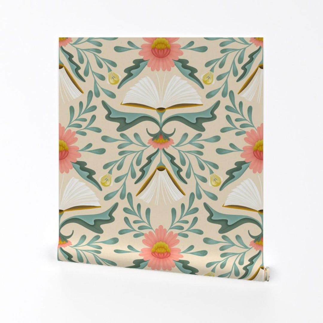 Library Book Removable Peel and Stick Wallpaper - Pink Coral Damask ...