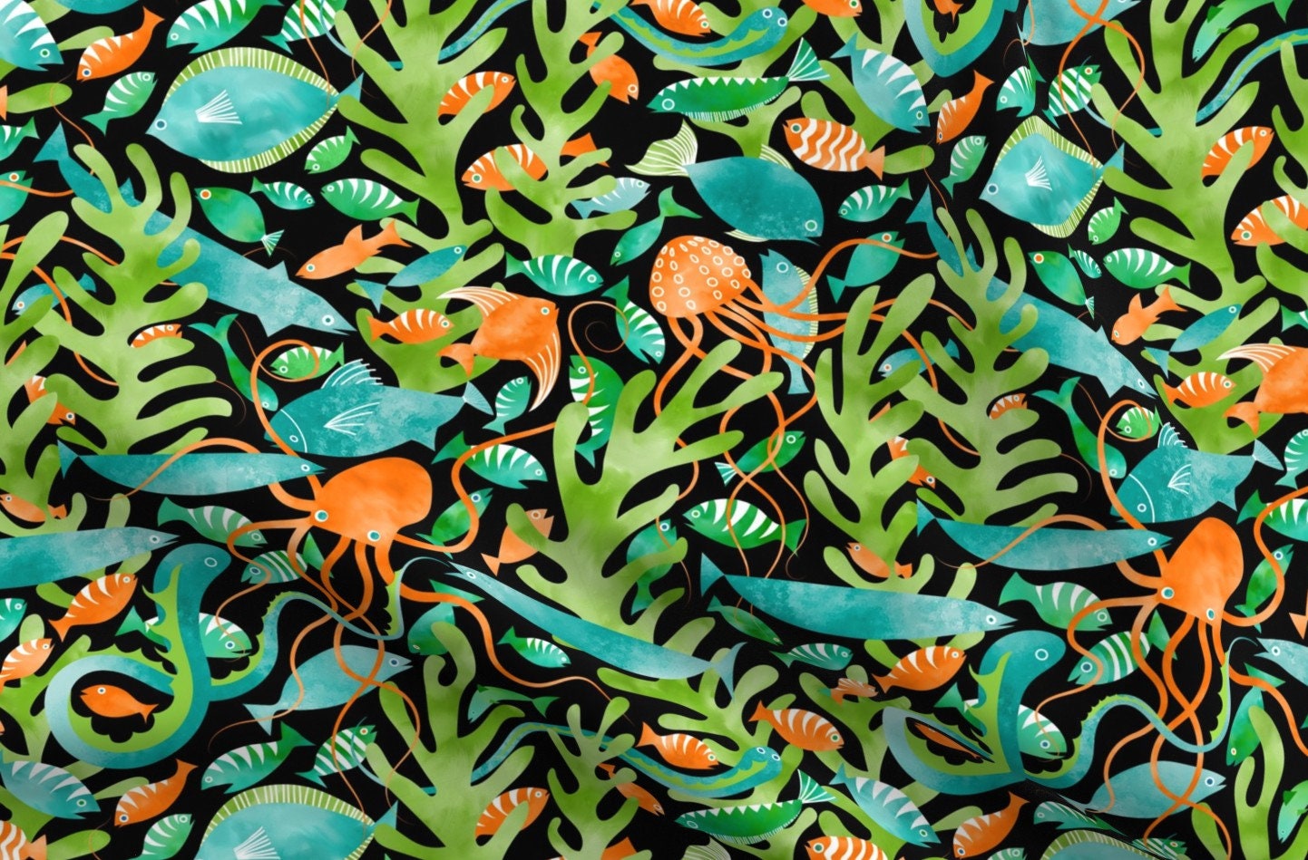 Octopus Fish and Eels Fabric 200 Feet Below The Teeming | Etsy