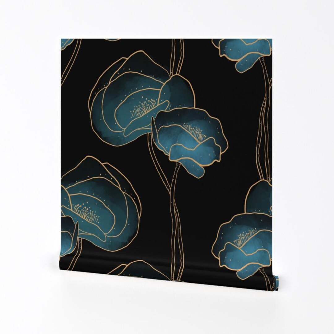 Elegant Poppy Removable Peel and Stick Wallpaper - Blue Watercolor Art ...