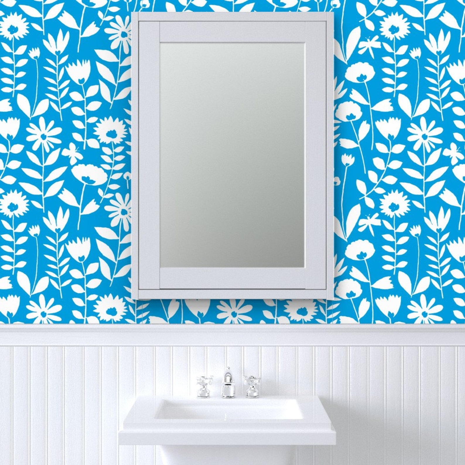 Floral Wallpaper Cutout Flower White on Blue by Kate Rowley - Etsy