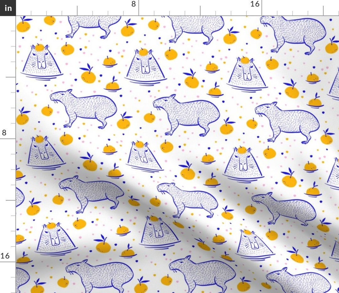 Cute Capybara Fabric Capybaras and Yuzu by Gabi_toma Yuzu Fruit Cobalt ...