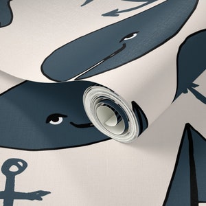 Nautical Whales Wallpaper Dark Navy Blue and Cream by Andrea - Etsy