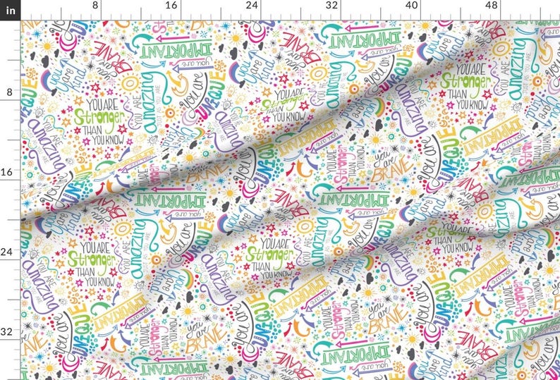 Positive Words Fabric - Rainbow Affirmations by Handypanda - Typography ...
