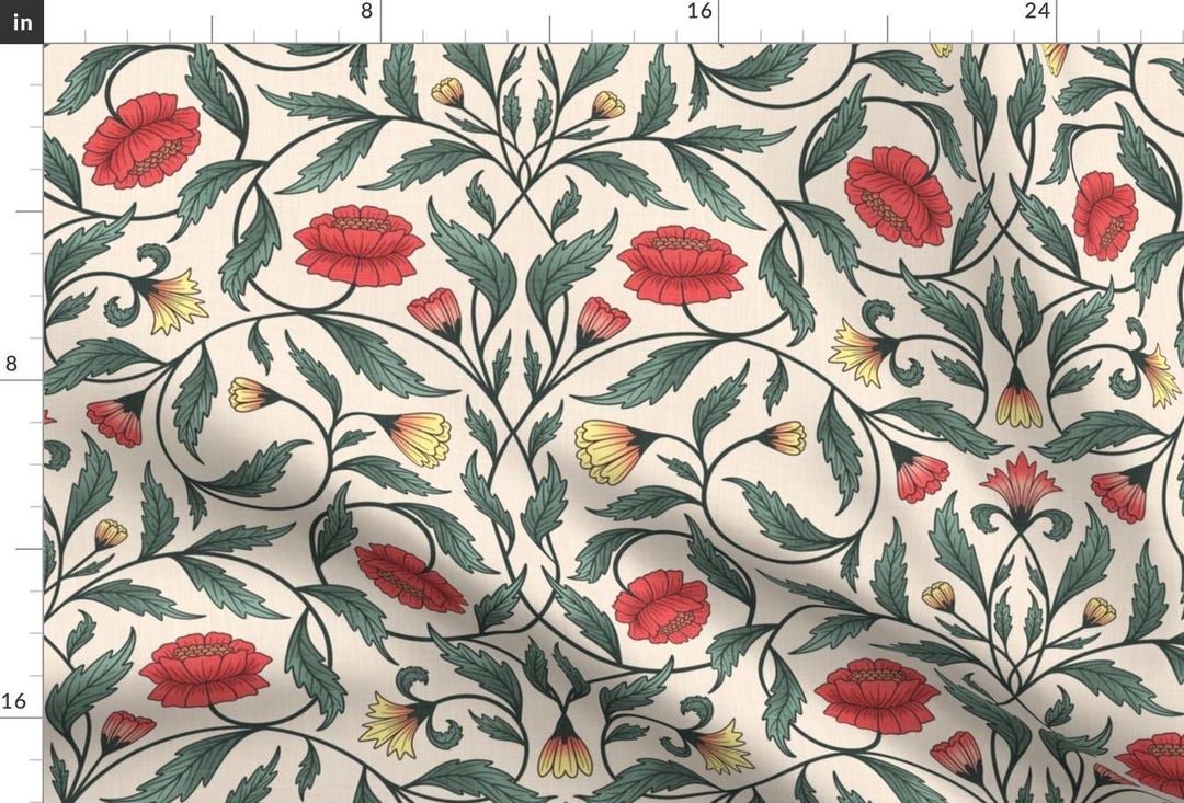 Art Nouveau Fabric - Victorian Garden Flowers by Katanti - Hand Drawn ...