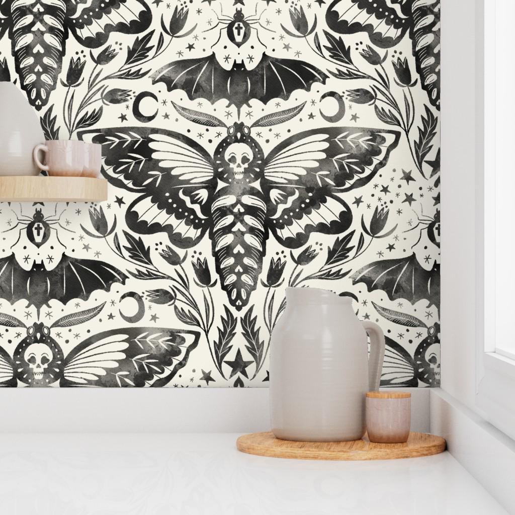 Dark Moth Wallpaper - Watercolor Skull Moth Damask by Rebelform ...