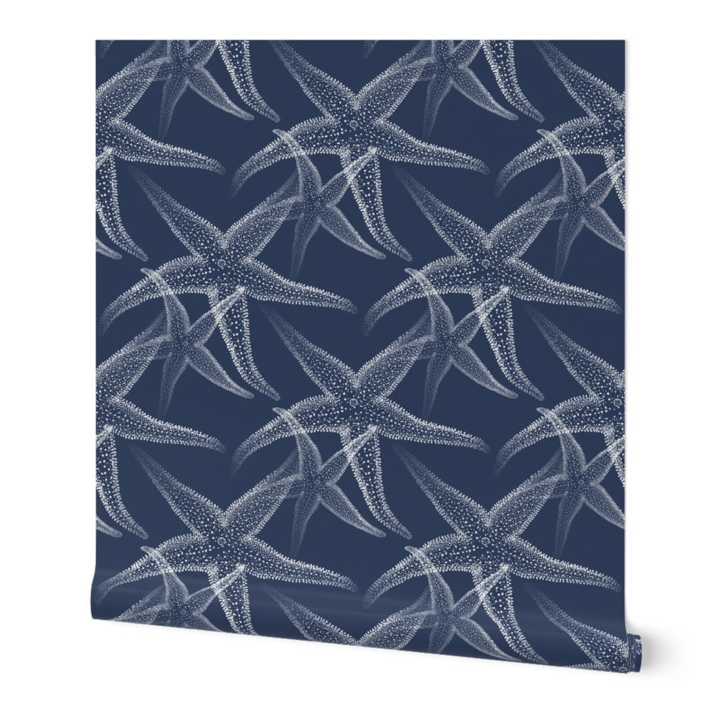 Starfish Wallpaper Starfish Dark Blue White Beach by 13moons - Etsy
