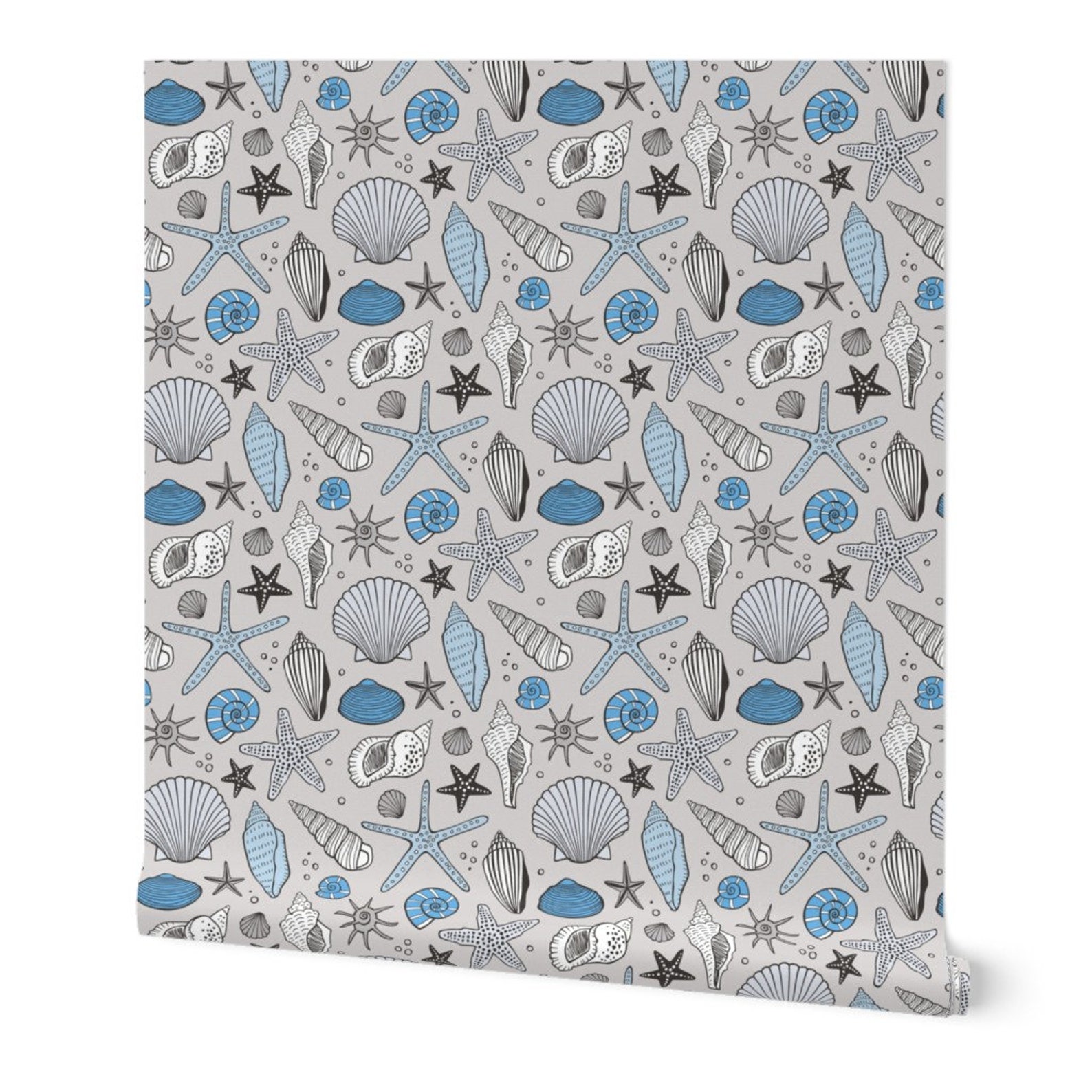 Shells Wallpaper Seashells Nautical Blue Gray by Caja Design - Etsy