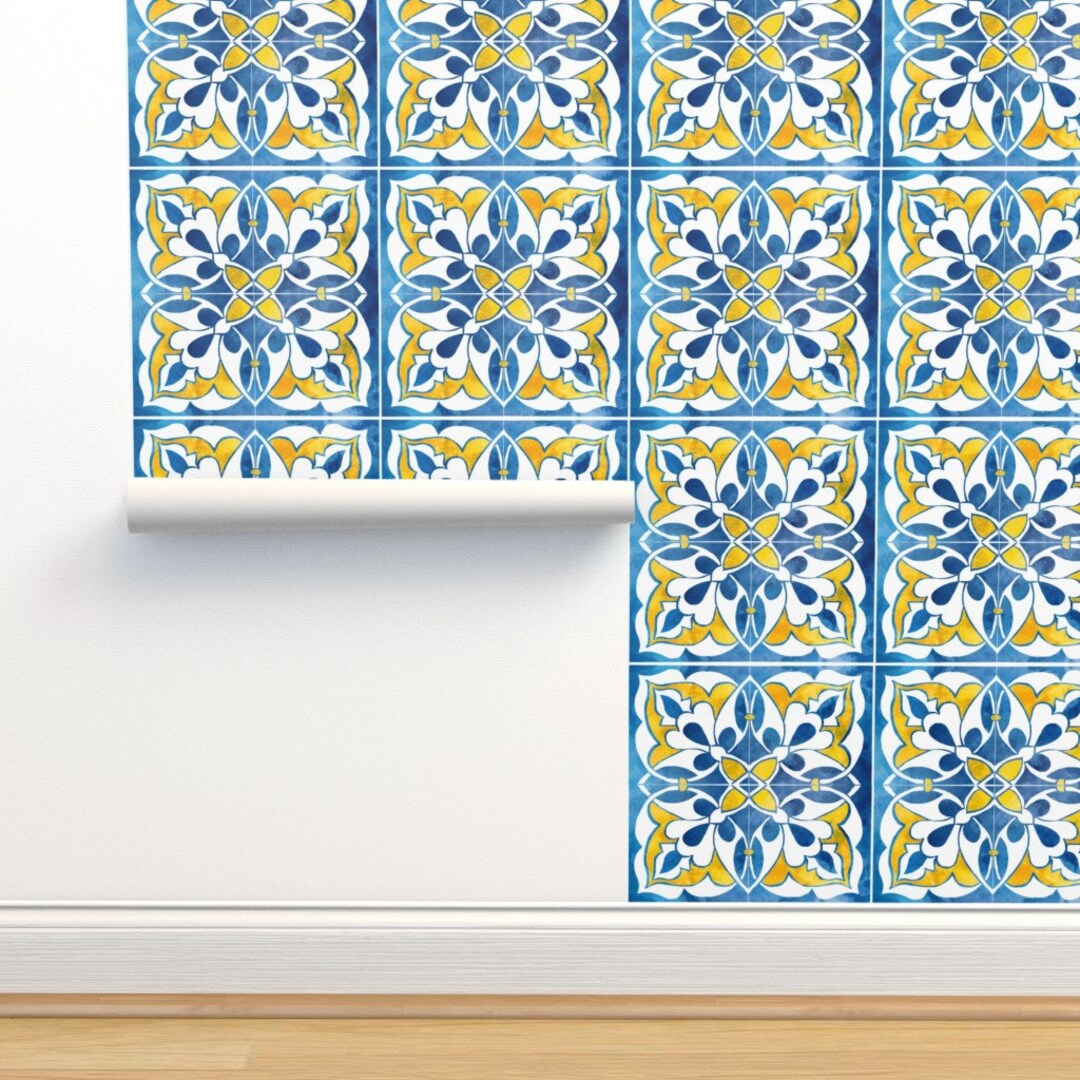 Spanish Wallpaper Spanishtile by Gaiamarfurt Blue Yellow - Etsy