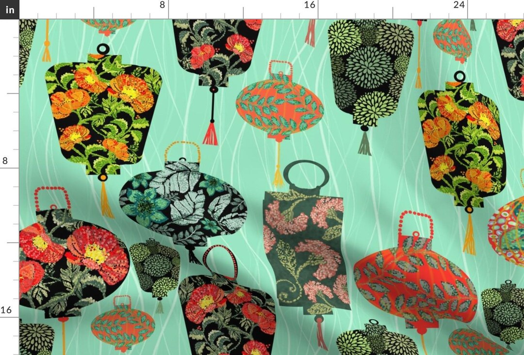 Floral Lanterns Fabric -lanterns on Point Light Green by Honoluludesign ...