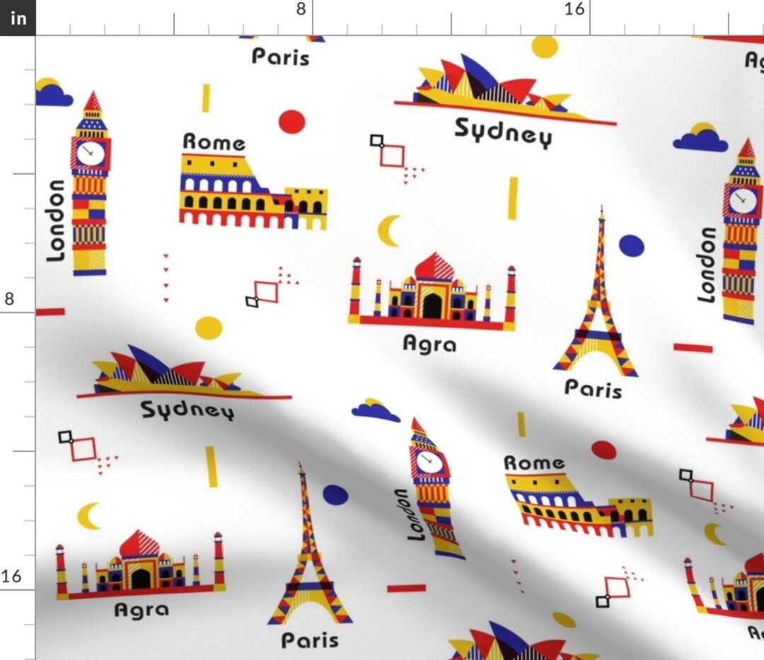 Travel Fabric Colorful Landmarks by Brazhnikova Ekaterina Sydney London ...
