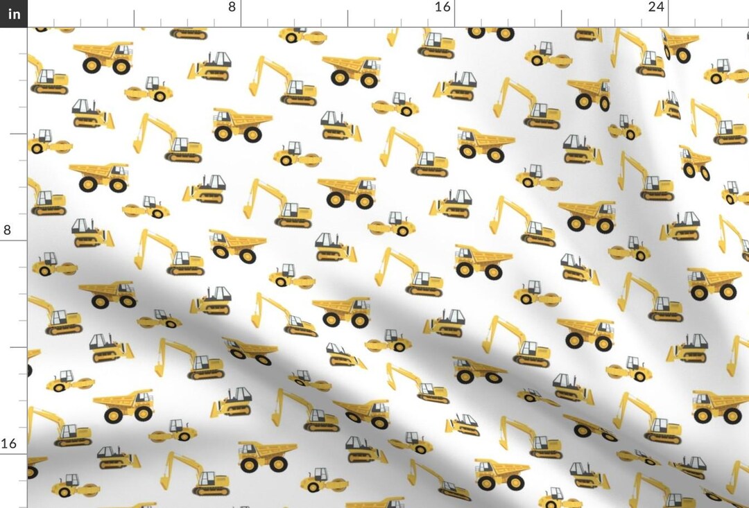 Construction Fabric - Construction Trucks - Yellow on White by ...