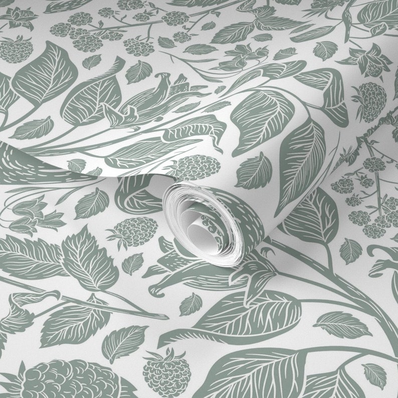 Sage Rabbit Wallpaper Bunnies Birds in Thistle by Down - Etsy