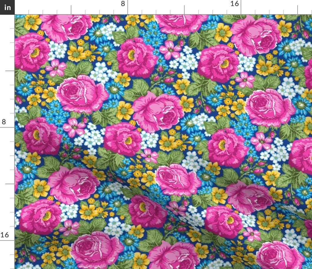 Vintage Flowers Fabric Pink Roses Vintage Flowers On Blue | Etsy