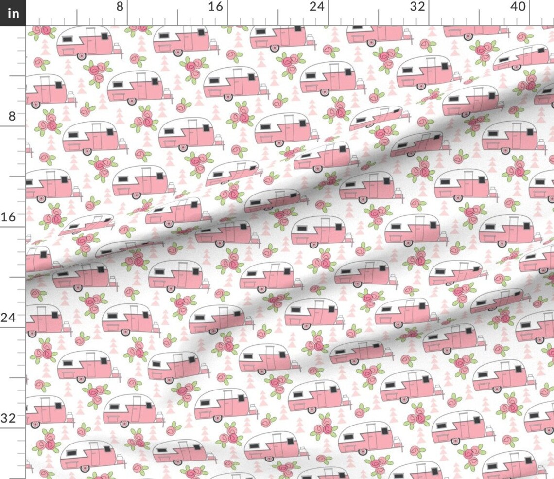 Pink Camper Fabric Large Pink Trailers With Rosebuds on - Etsy