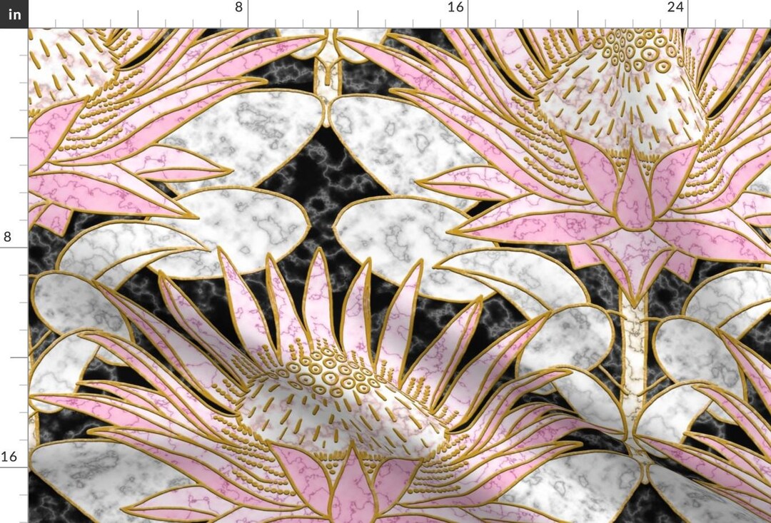 Pink Floral Protea Fabric - Blush King Protea Art Deco (black) by ...