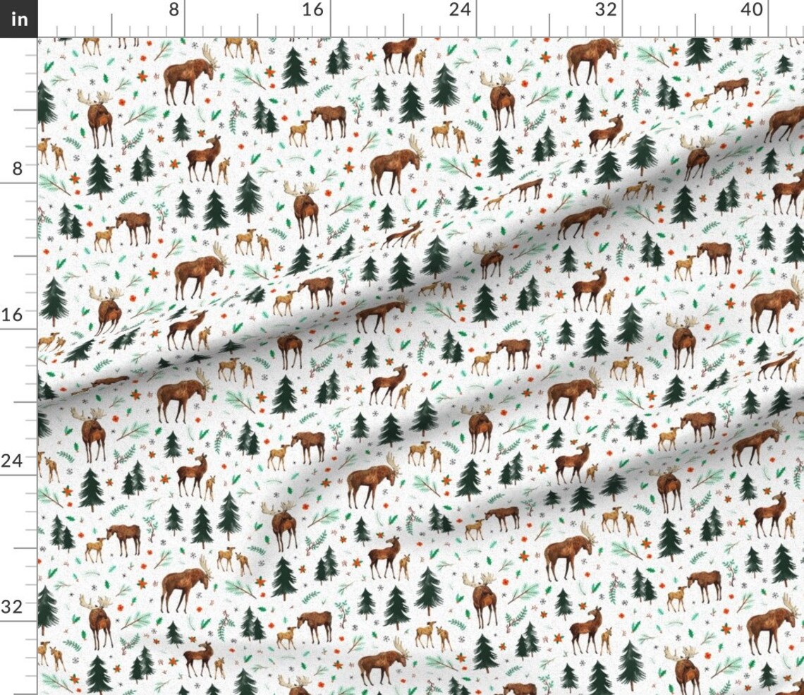 Moose Fabric Alpine Moose in White by Wildship Watercolor - Etsy