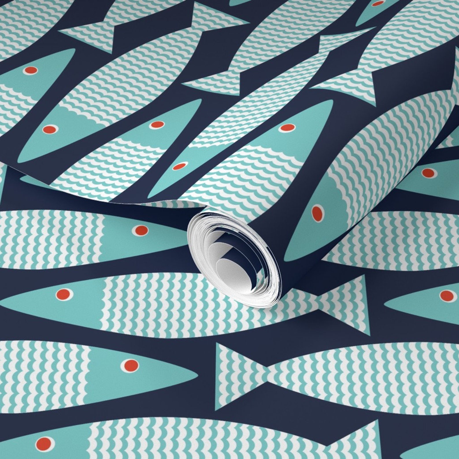 Modern Fish Wallpaper Wavy Bass Indigo Turquoise by - Etsy