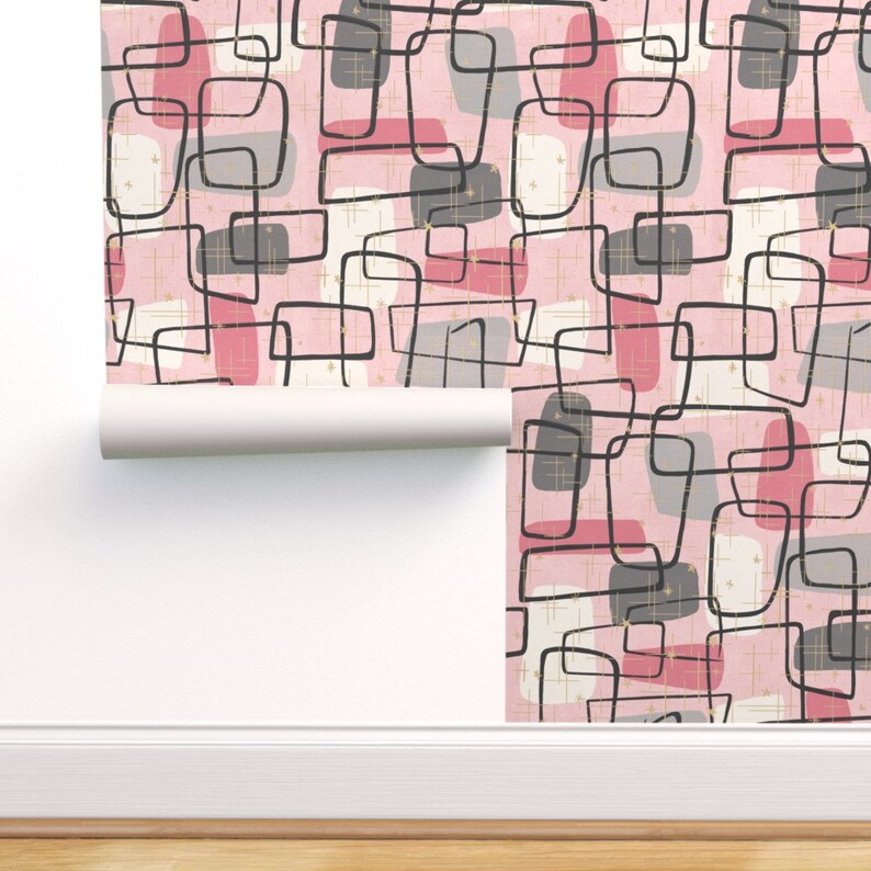 Mid-century Wallpaper Atomic Mcm Grid in Pink Parlor by - Etsy