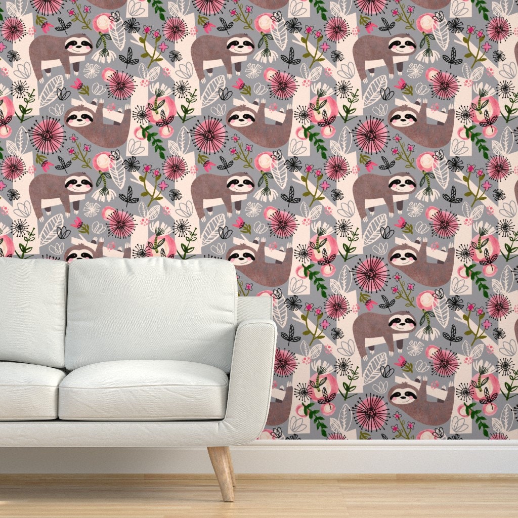 Sloths Wallpaper Lovable Sloths Large by Sarah Treu Pink - Etsy