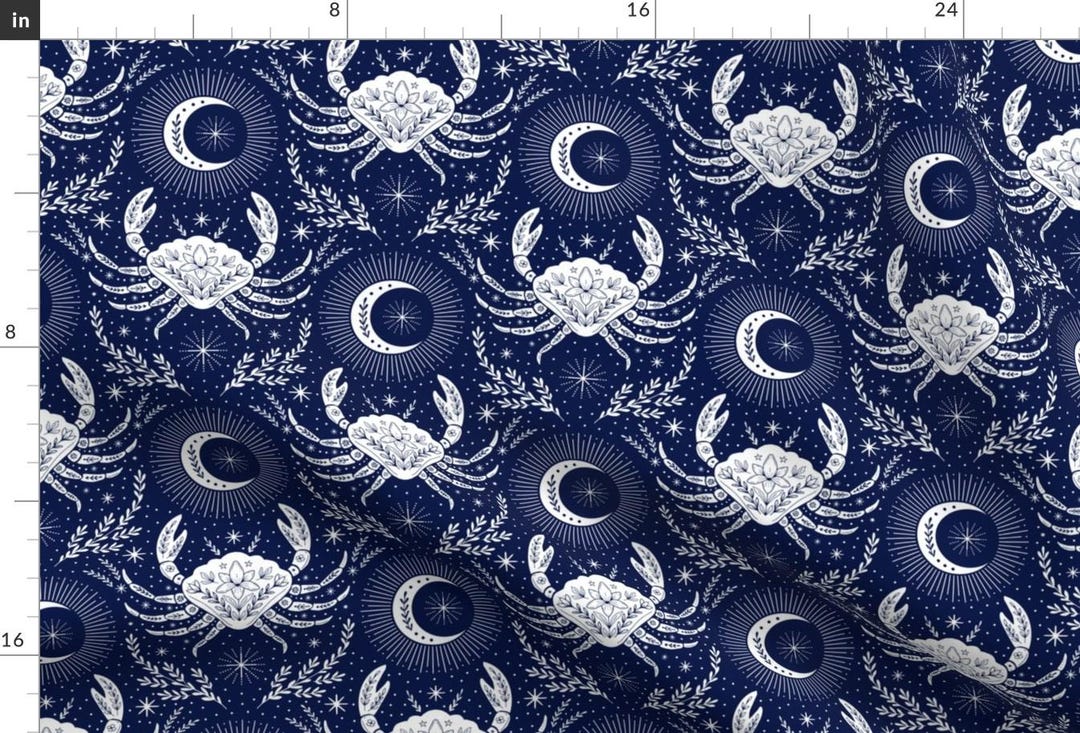 Zodiac Sign Cancer Fabric - Celestial Crab by Irisbarges - Blue White ...