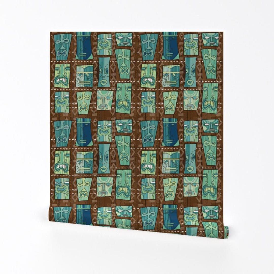 Teal Removable Peel and Stick Wallpaper - Tiki Heads Retro Inspired ...