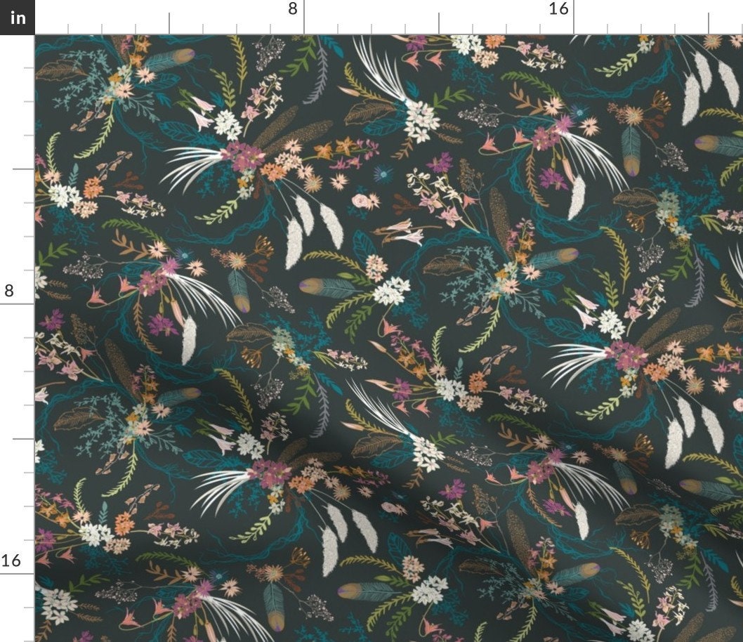 Dark Floral Fabric Sheba Floral dark by Nouveau Bohemian - Etsy
