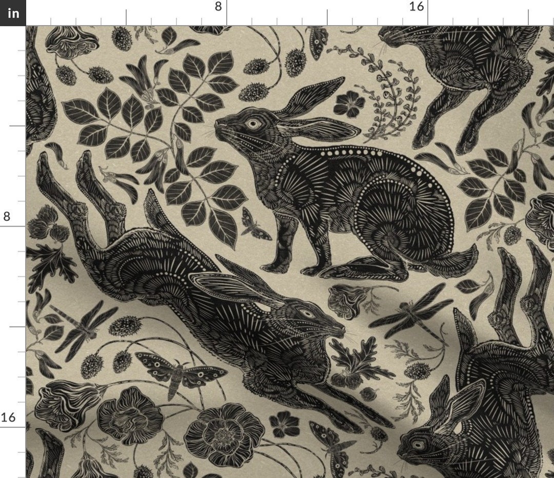 Block Print Bunnies Fabric Rabbits by Silver_steer_design Linocut ...