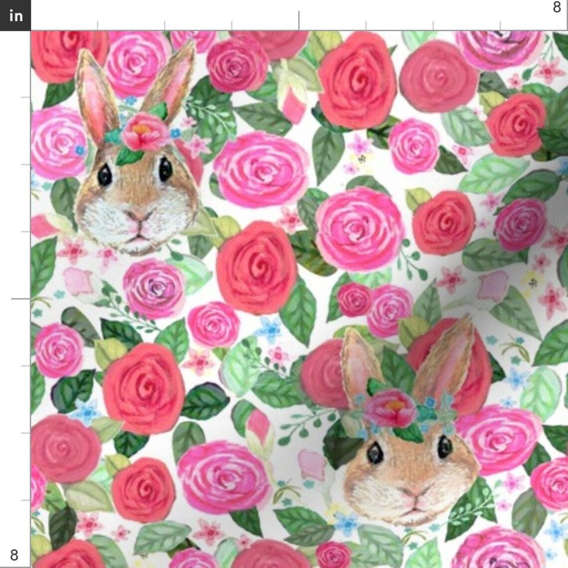 Bunny Blush Roses Fabric Rose Rabbit Watercolor Floral | Etsy