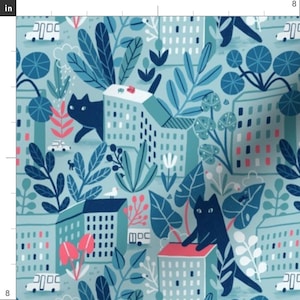 Funny Cats Fabric Giant Cats in the City by Kostolom3000 Blue Pink ...
