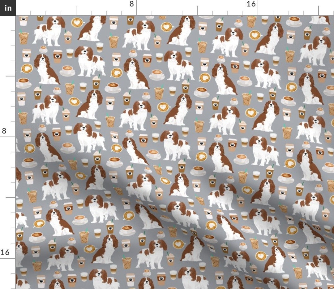 Cavalier Spaniels Coffee on Gray Fabric Cavalier King Charles Spaniel ...