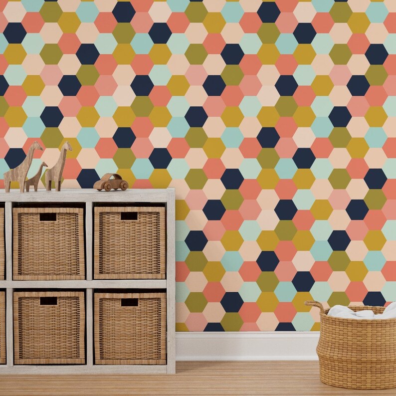 Coral Jubilee Wallpaper Hexagon Coral Jubilee by Ivieclothco - Etsy