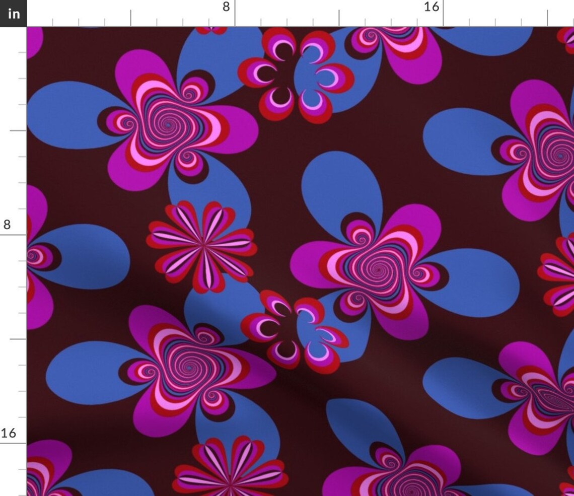 Flower Power Fabric Sixties4 by Dessineo Retro Purple Blue | Etsy
